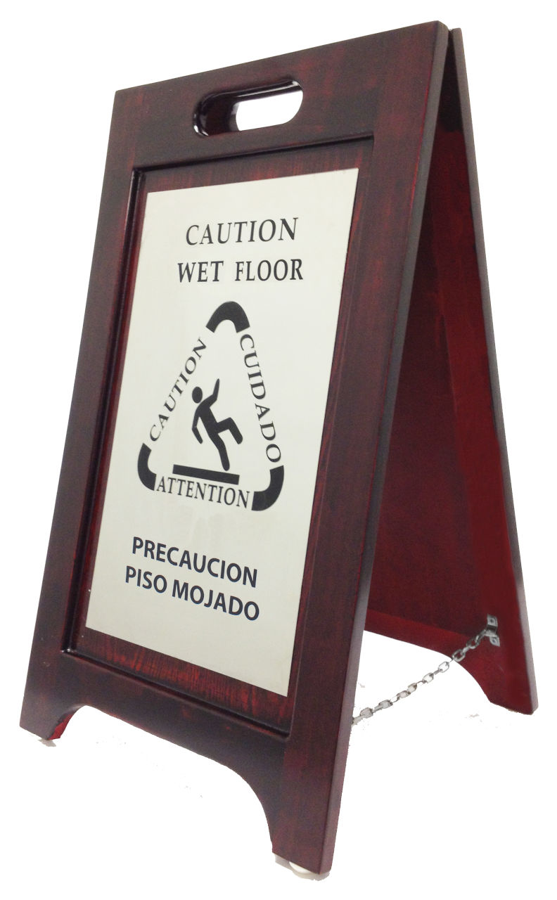 Wet Floor Sign (Walnut Finish; Bi-lingual Nickel Plate) | Mormax